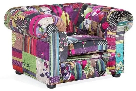 Prošívané fialové patchwork čalouněné křeslo - CHESTERFIELD