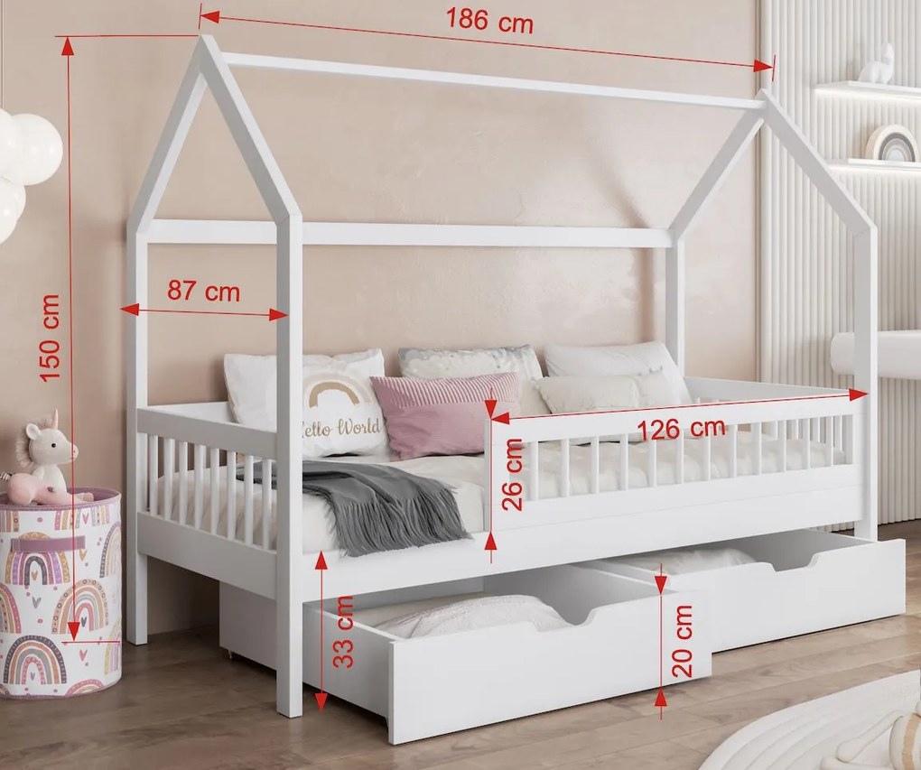 Dětská domečková postel z masivu borovice GAJA se šuplíky - 180x80 cm - bílá