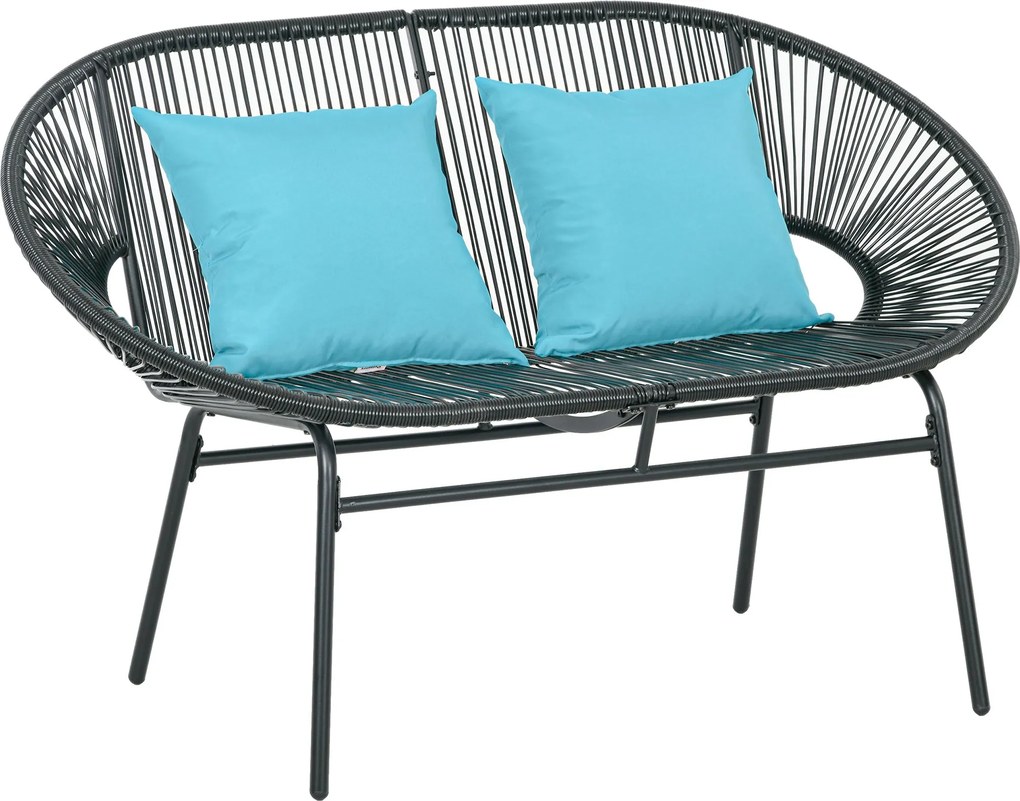 Outsunny zahradní lavička pro 2 osoby ve stylu ocel a umělý ratan s 2 polstry - rozměry 132D x 72Š x 83V cm - černá | Aosom