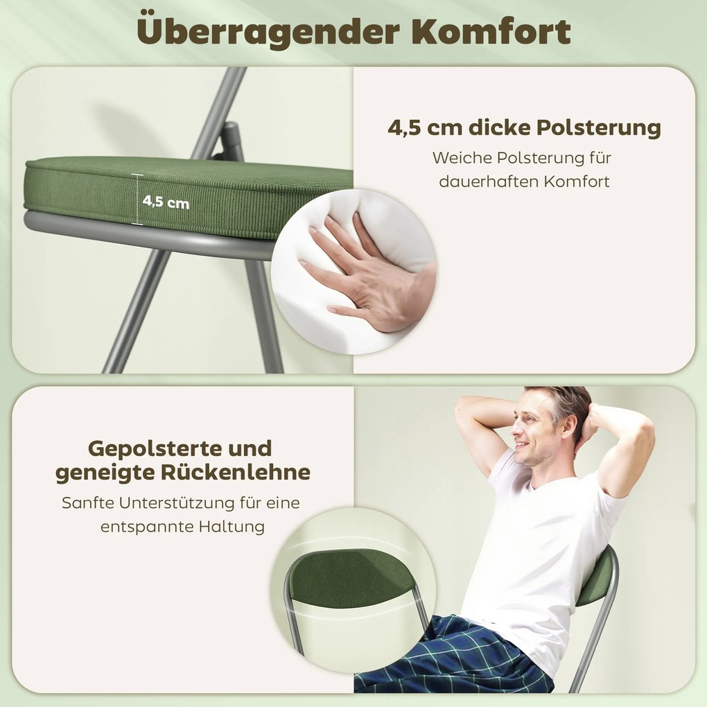 sada 4 čalouněných skládacích židlí, skládací židle s potahem na šňůru, opěradlo, kovový rám, zelená barva