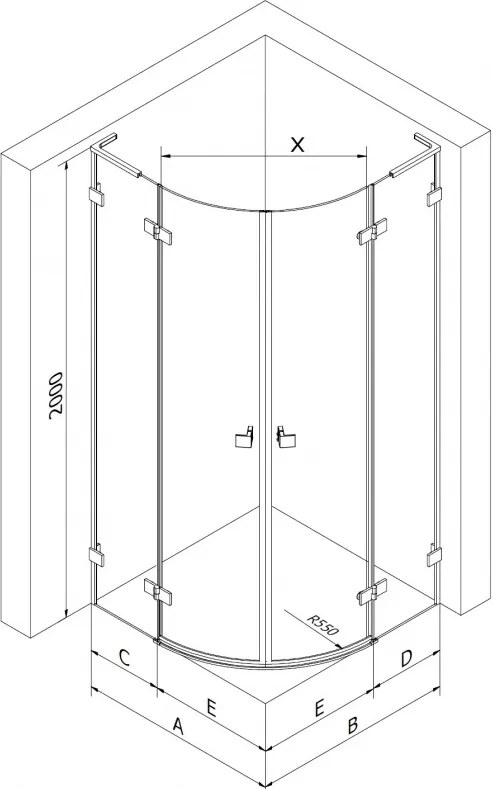 Mexen Lunar, L půlkruhový sprchový kout naklápěcí doleva 100 x 90 cm, 8mm čiré sklo, černý profil, 833L-100L-090P-70-00