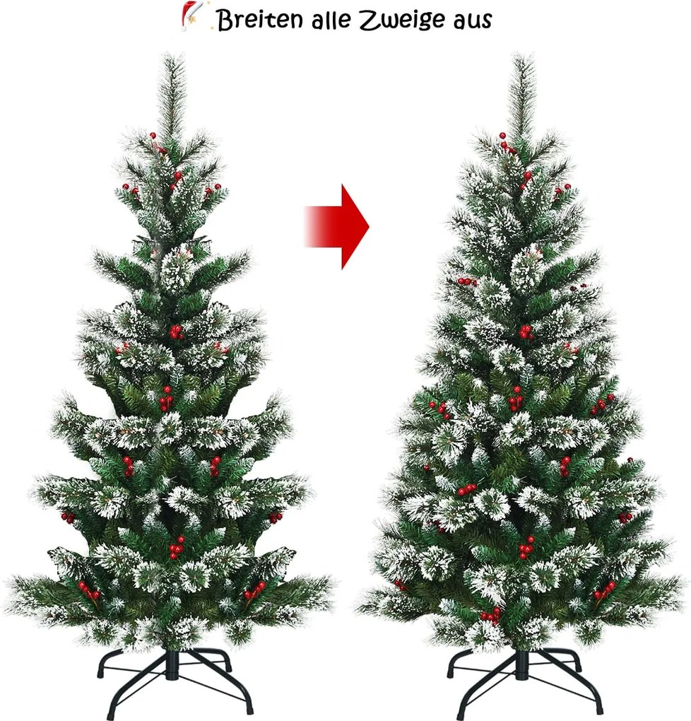 Costway 150 cm Umělý vánoční stromek se sněhovými vločkami, červenými bobulemi