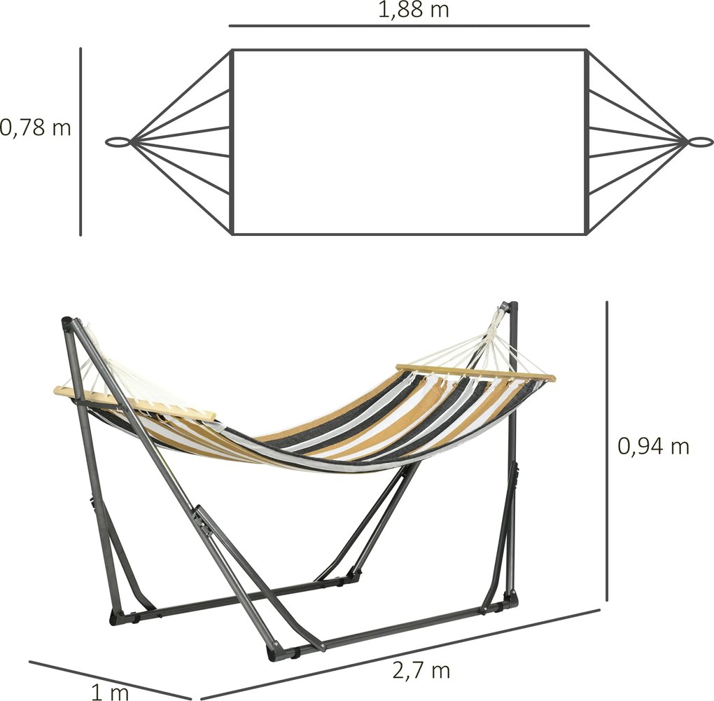 Skládací zahradní houpací síť s kovovým stojanem Outsunny, 1 místo, maximální nosnost 120 kg, rozměry 270L x 100W x 94H cm | Aosom
