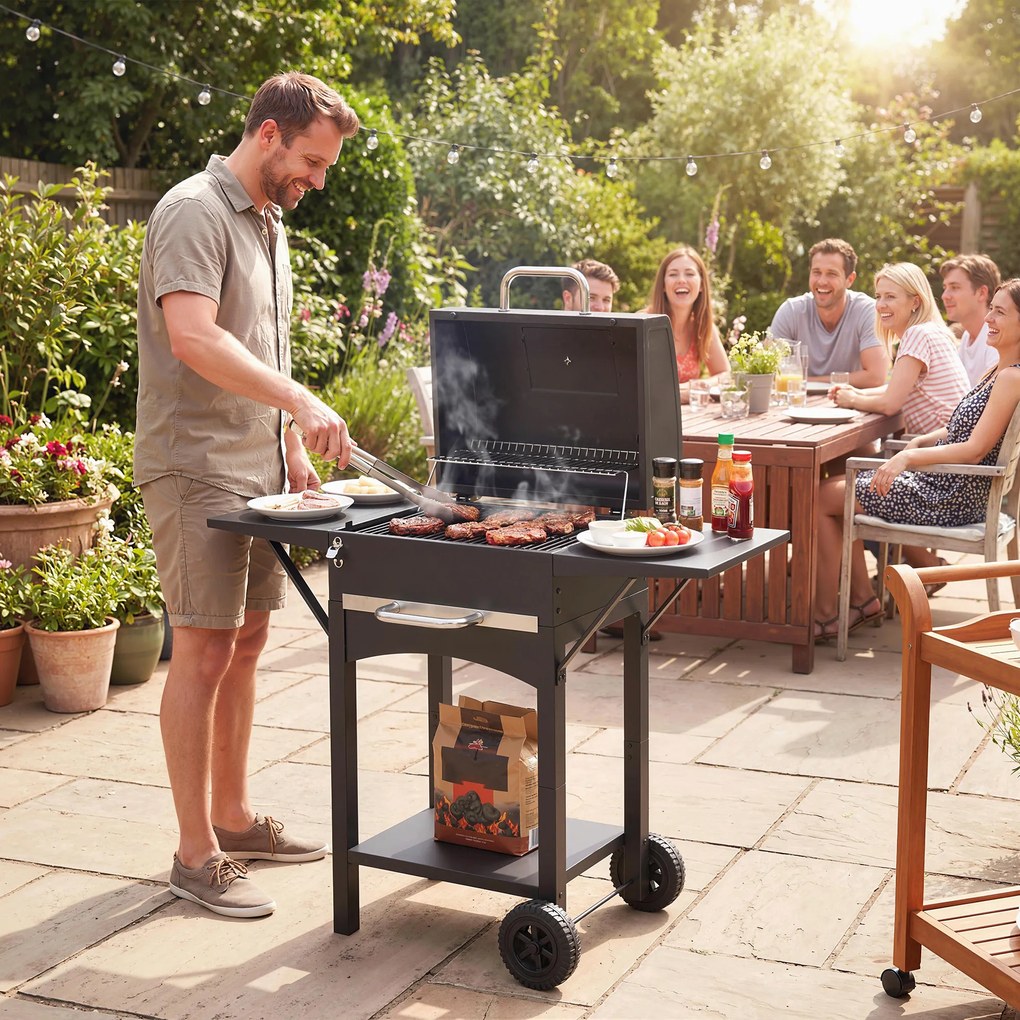 Outsunny gril na dřevěné uhlí s poklopem — BBQ vozík s 2 bočními stolky, velká grilovací plocha, teploměr a kolečka, 110 x 46,5 x 101 cm (černý)