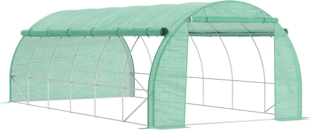 Outsunny Poly Tunnel Skleník 6 x 3 x 2 m S Rolovacími Kryty UV Ochrana Zelený Ocelový Rám | Aosom