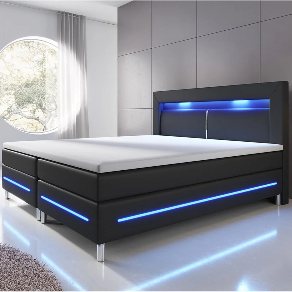 Goleto Postel Box Spring Norfolk s LED osvětlením 180 x 200 cm | černá