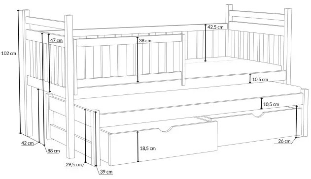 Dětská postel z masivu borovice PROKOP s přistýlkou a šuplíky - 200x90 cm - BÍLÁ