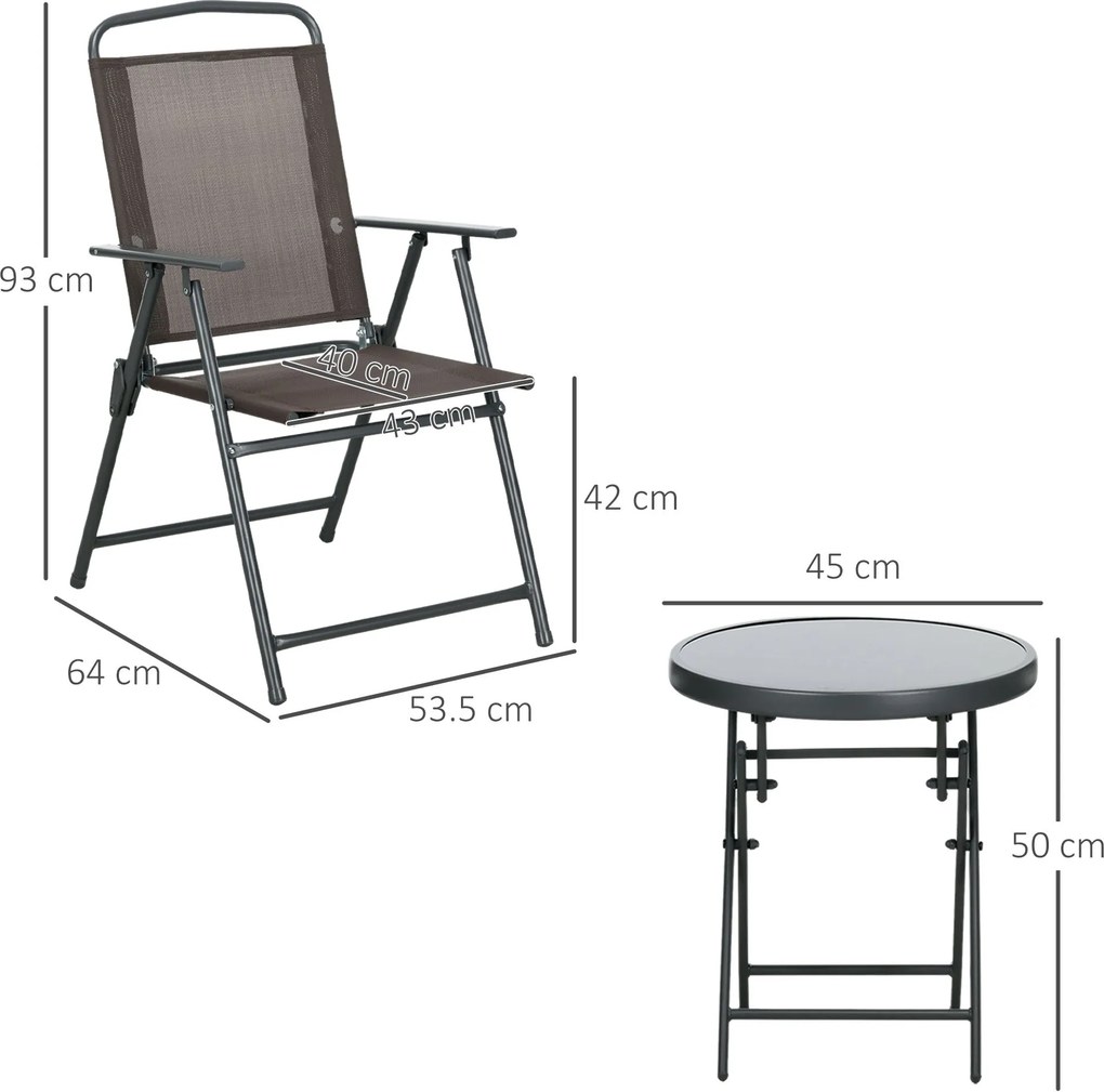Outsunny 3dílná kovová bistro souprava odolná vůči povětrnostním vlivům se skládacím skleněným stolem, zahradní židle, venkovní nábytek na balkon