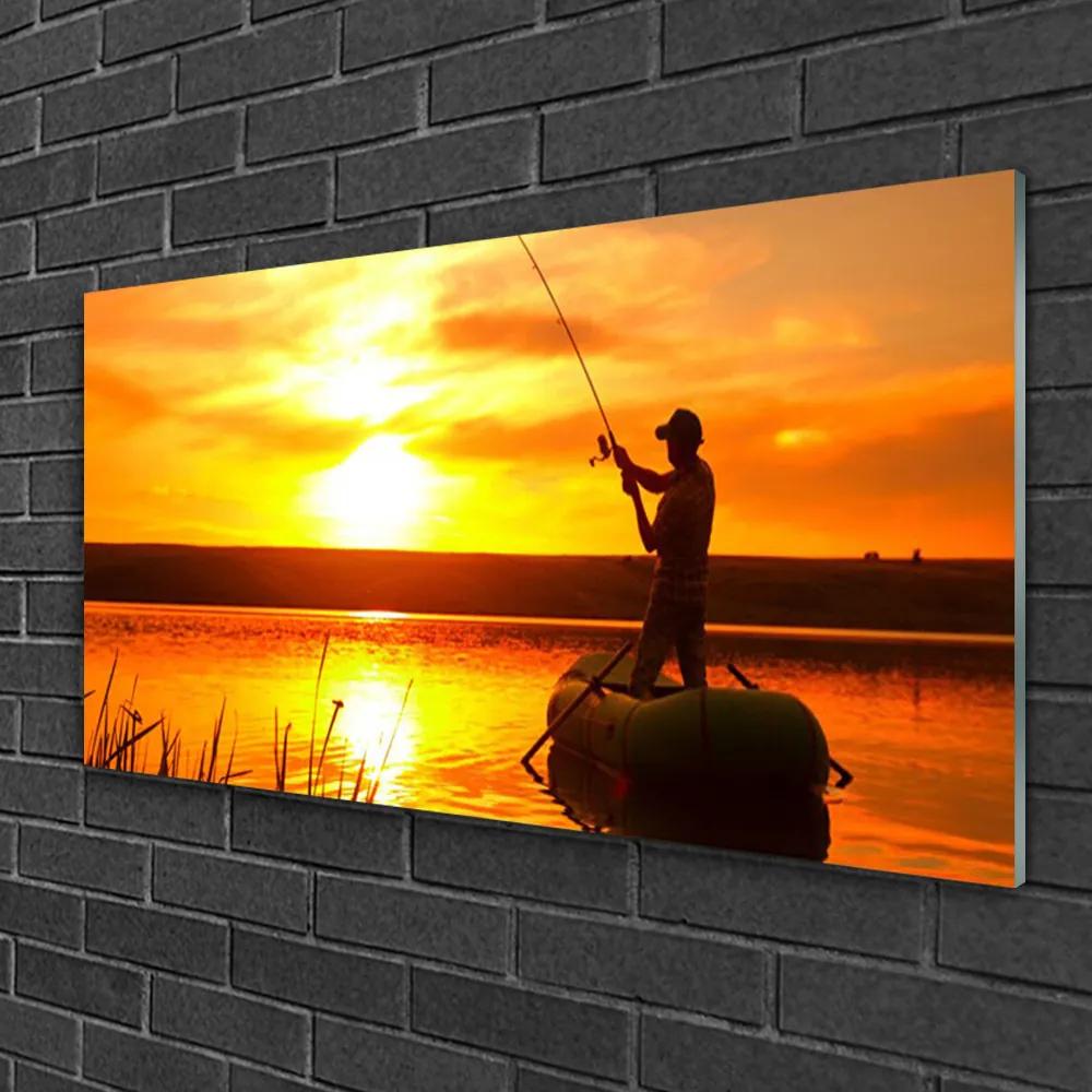 Obraz na skle Rybář Ryby Západ Jezero 100x50 cm