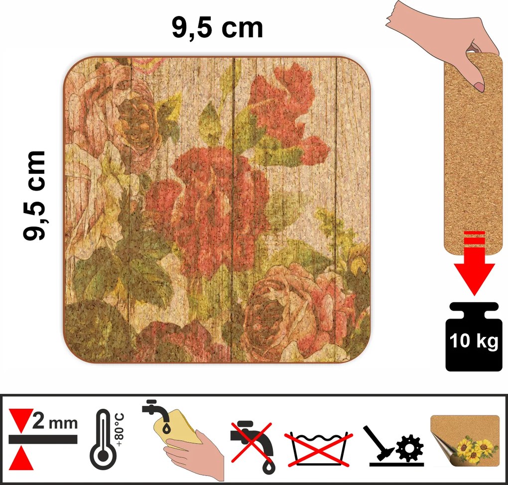 PokojovaDekorace.cz, Korkové podtácky s potiskem - 549, 9,5x9,5cm, sada 6 ks