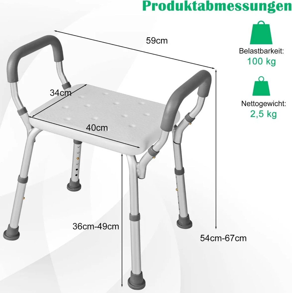 Costway Výškově nastavitelná hliníková sprchová stolička s područkami