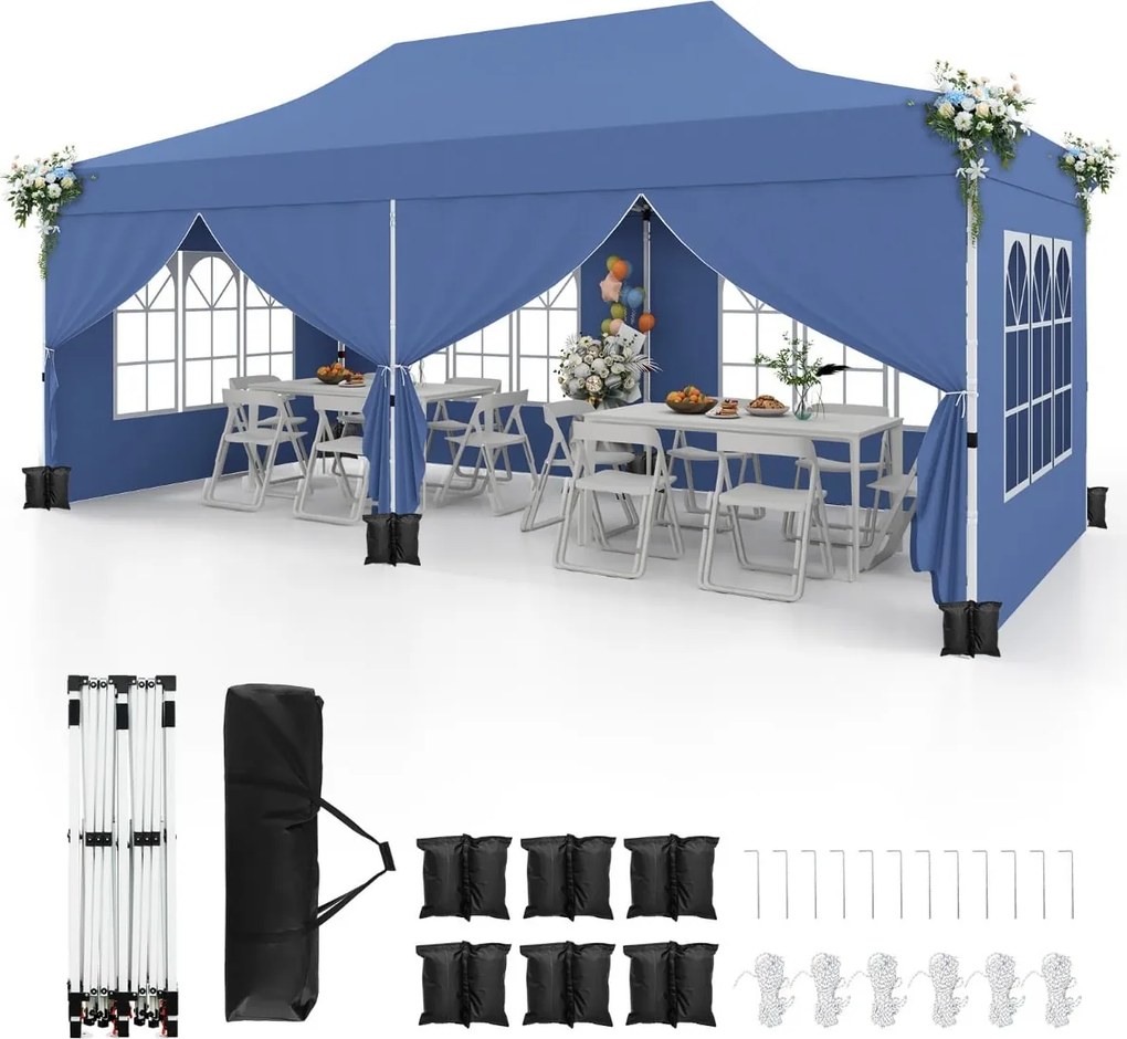 Costway Pavilon skládací pavilon s 6 odnímatelnými bočními stěnami a – modrý