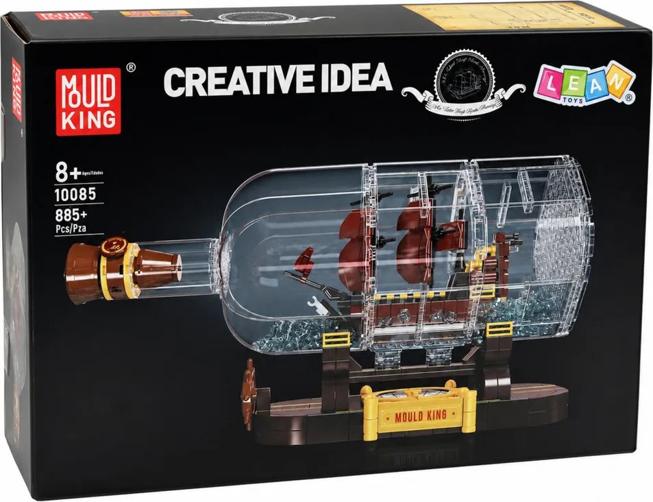 LEAN Toys Stavebnicové kostky – Loď v láhvi, dekorativní plachetnice, hnědá, 885 dílů