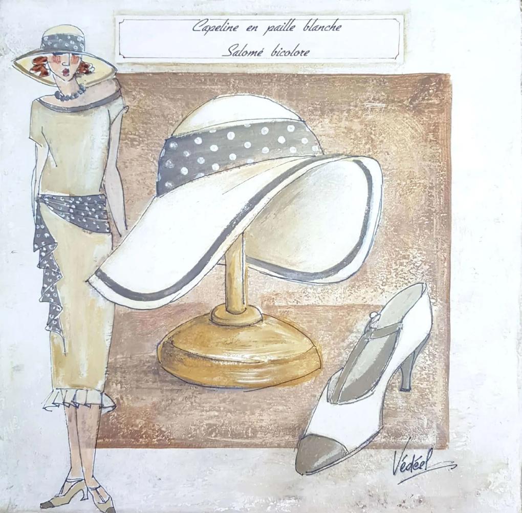 ART-STYLE Obrázek 30x30, dáma &amp; klobouk krémový II., rám bílý s patinou