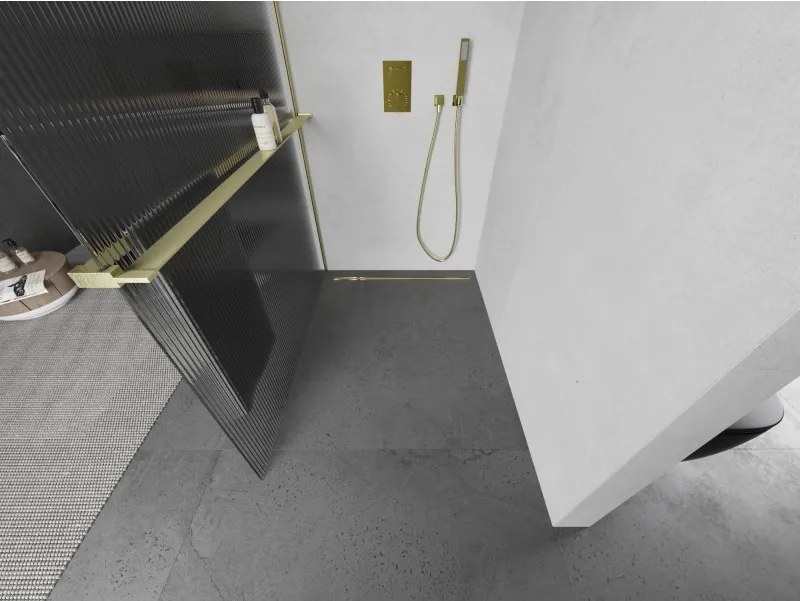 Mexen Kioto+, sprchová zástěna Walk-In s poličkou a věšákem 100 x 200 cm, 8mm sklo s žebrovým vzorem, zlatý matný profil, 800-100-121-55-09