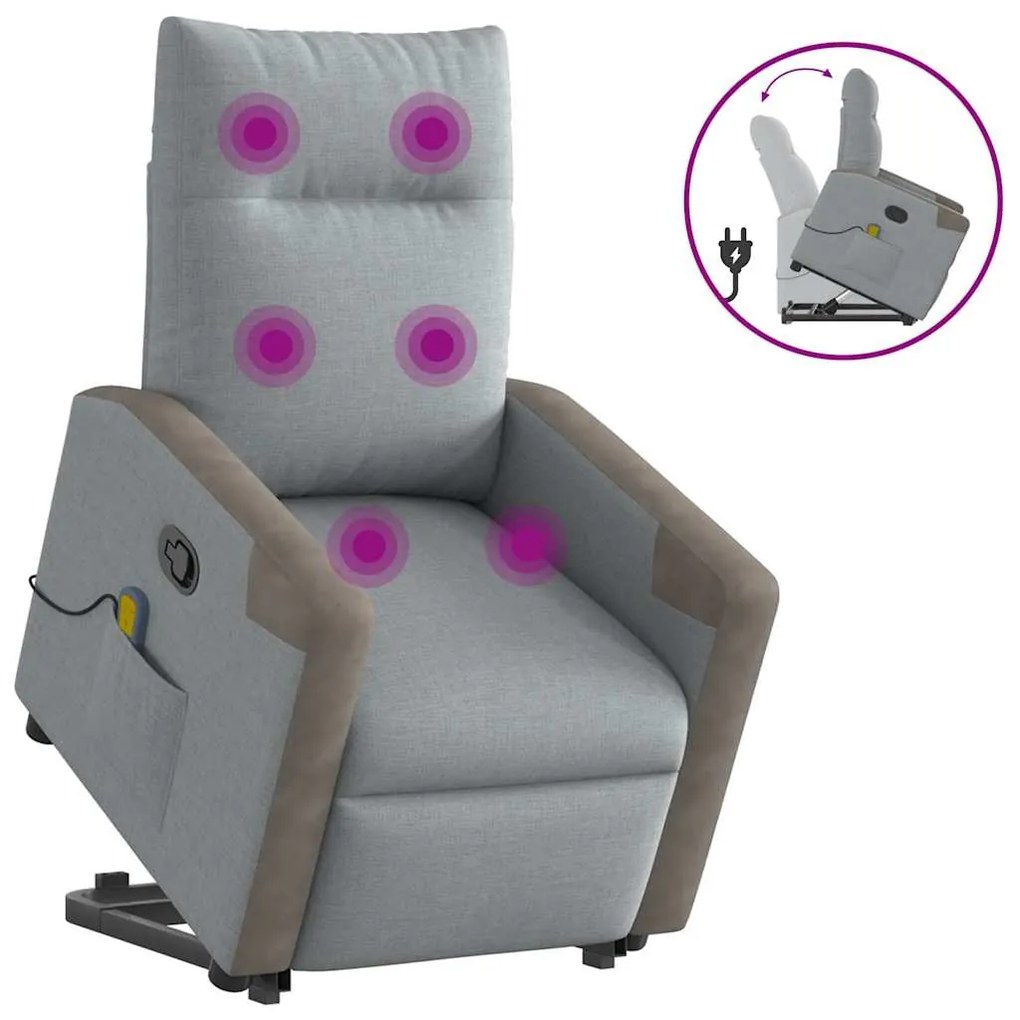 Zvedací masážní polohovací křeslo světle šedé textil 3324095