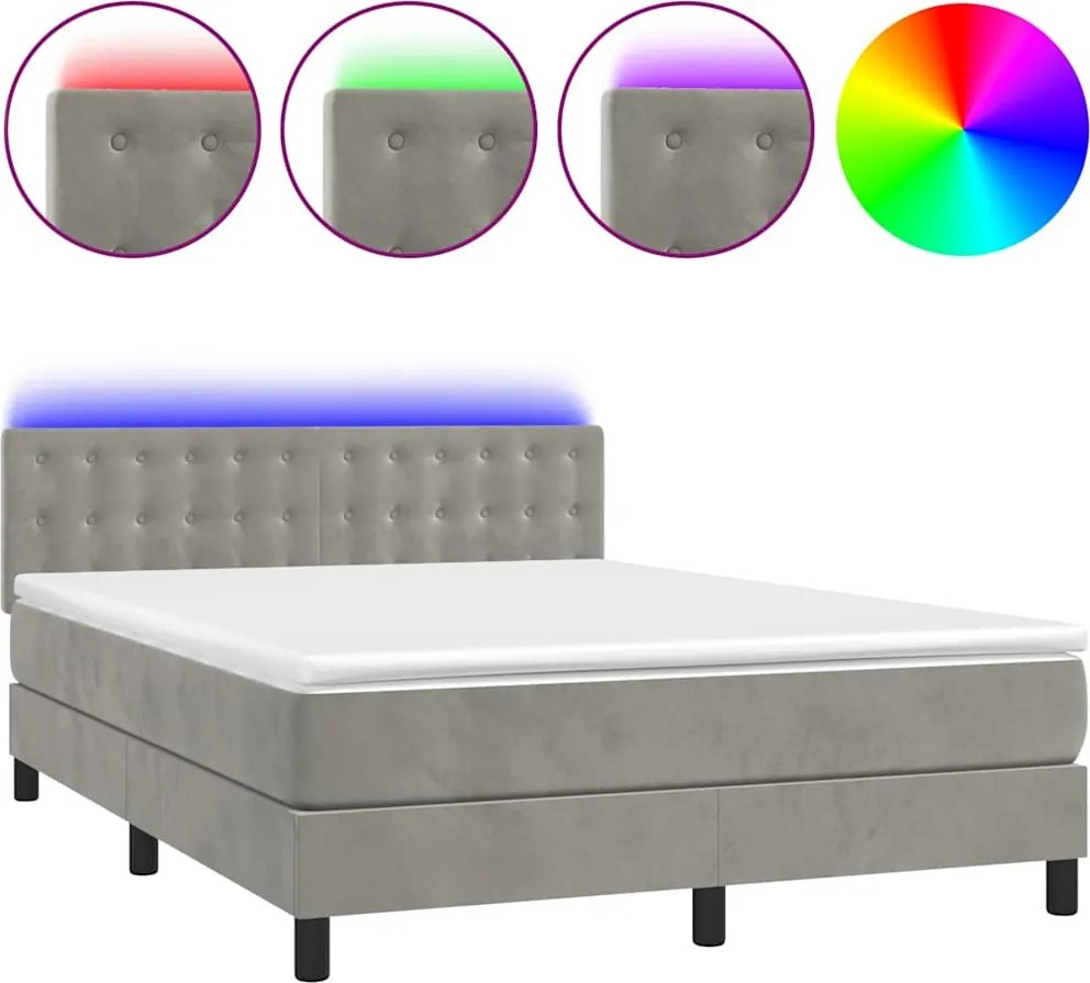 Box spring postel s matrací a LED světle šedá 140x200 cm samet 3134645