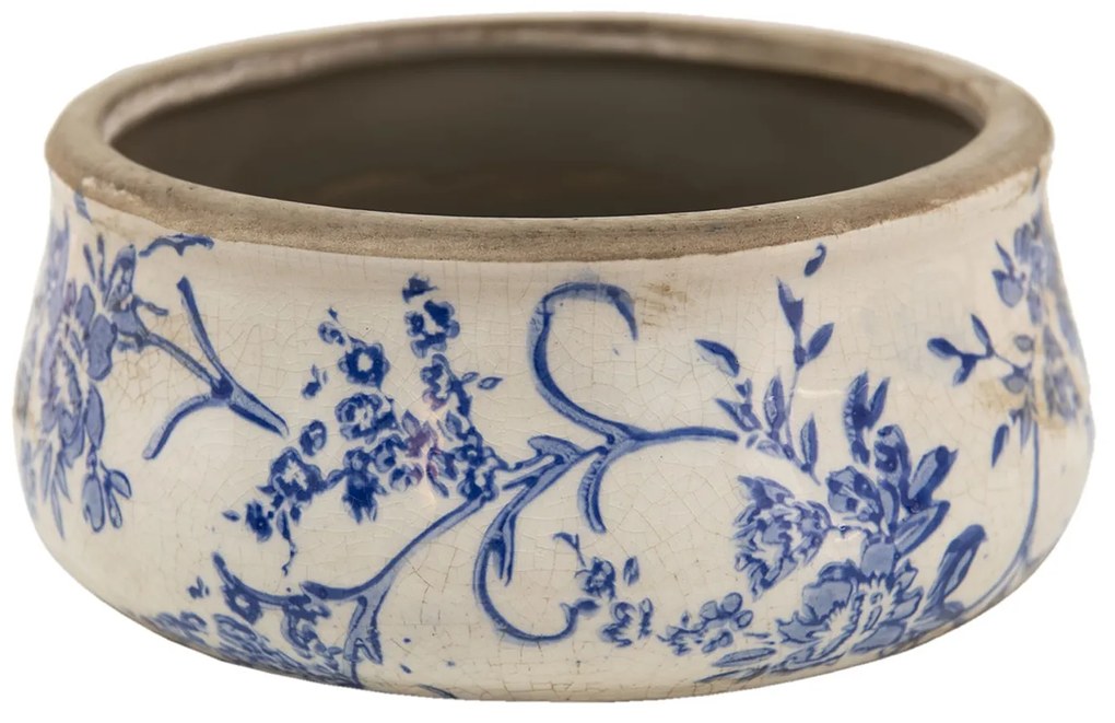 Nízký keramický obal na květináč s modrými květy Saten - Ø 17*7 cm