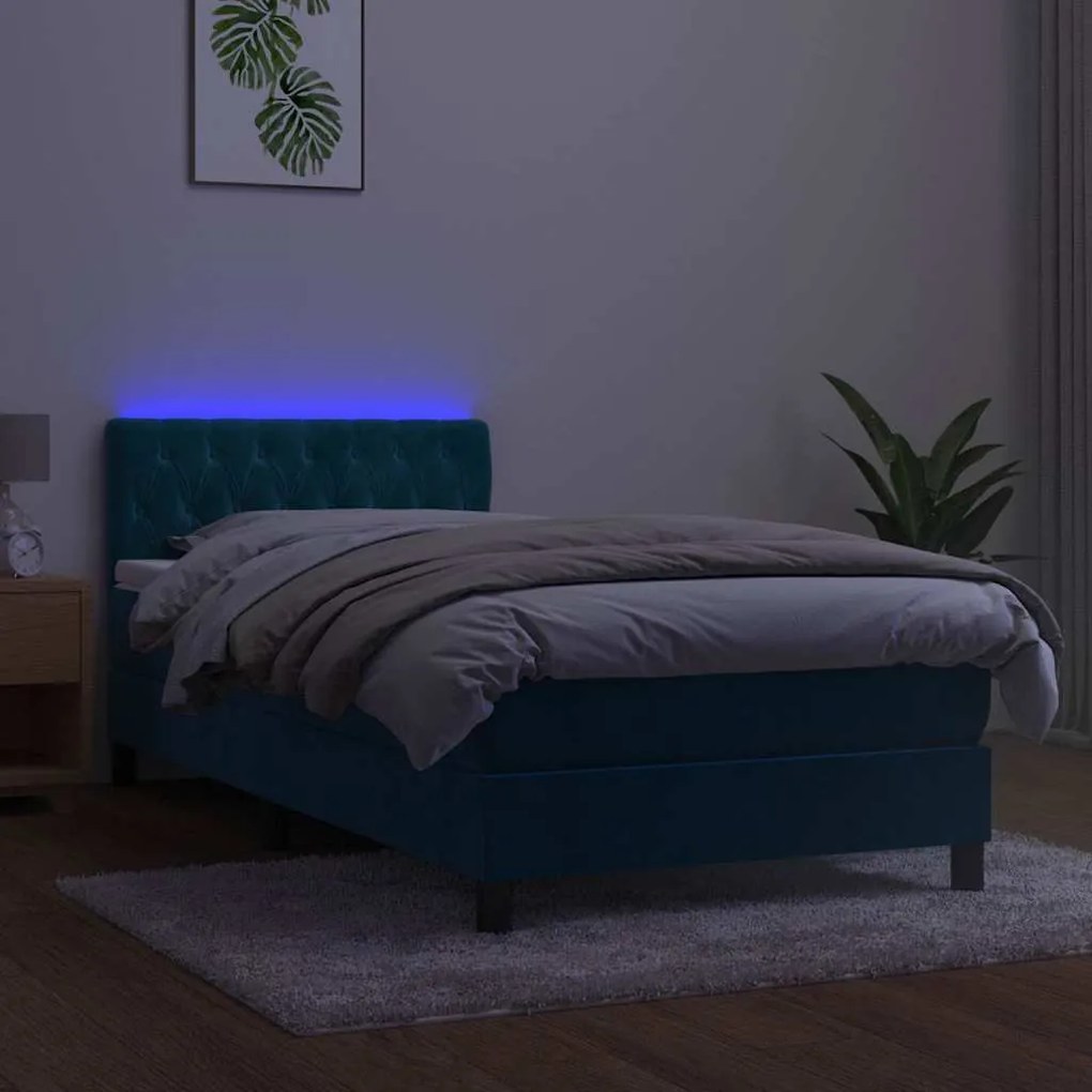 Box spring postel s matrací a LED tmavě modrá 90x200 cm samet 3134565