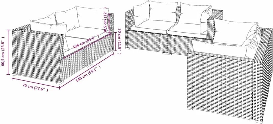6dílná zahradní sedací souprava s poduškami polyratan hnědá 3102299