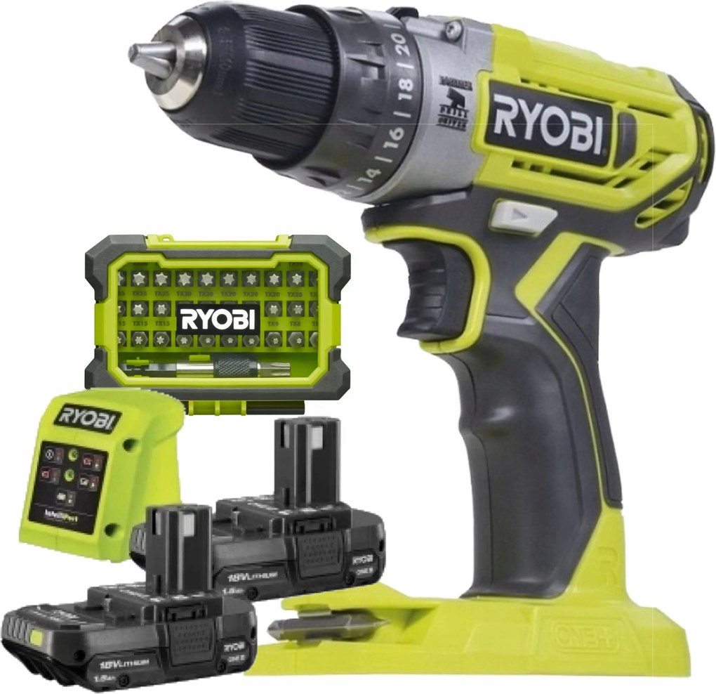 Ryobi aku vrtačka 18v 2x1.5ah Nabíječka sada bitů 32 ks
