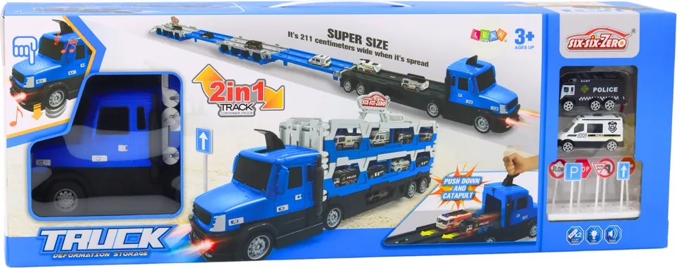 LEAN Toys Lora Odtahovka Závodní dráha 2 v 1 Světla Zvuky Značky Autíčka Modrá