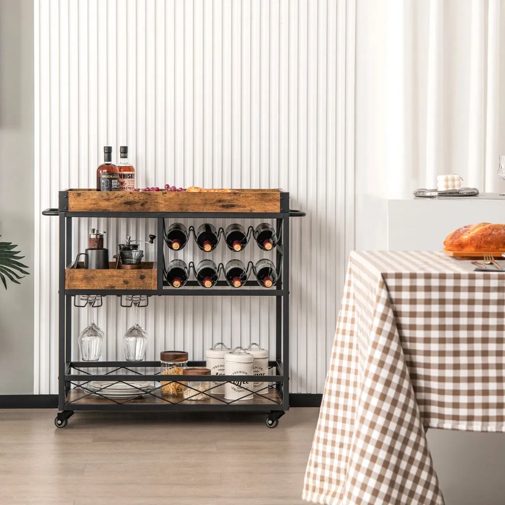 Costway Obsluhující vozík 3-Vrcholový vozík s odnímatelným zásobníkem Rustikální