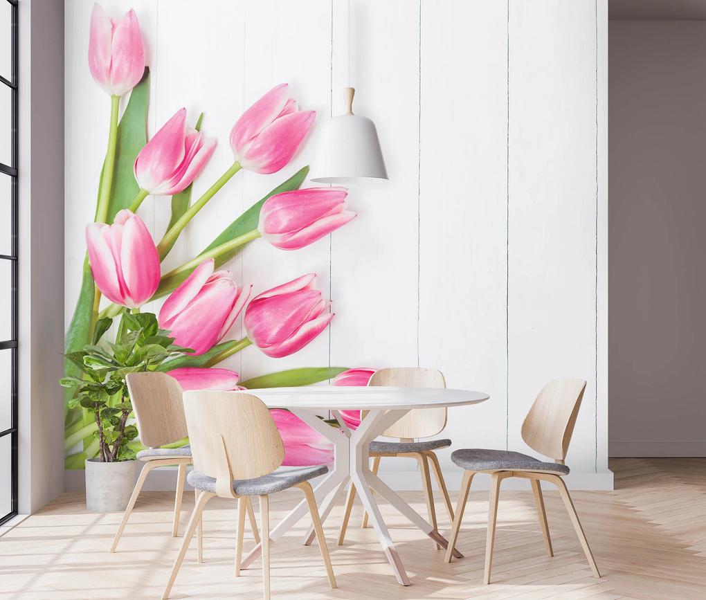Malvis ® Tapeta Tulipány a bílé dřevo Vel. (šířka x výška): 432 x 290 cm