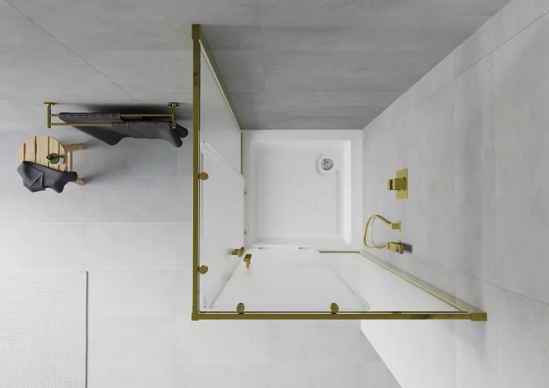 Mexen Rio, čtvercový sprchový kout s posuvnými dveřmi 80 (dveře) x 80 (dveře) x 190 cm, 5mm sklo námraza, zlatý profil + bílá sprchová vanička RIO, 860-080-080-50-30-4510