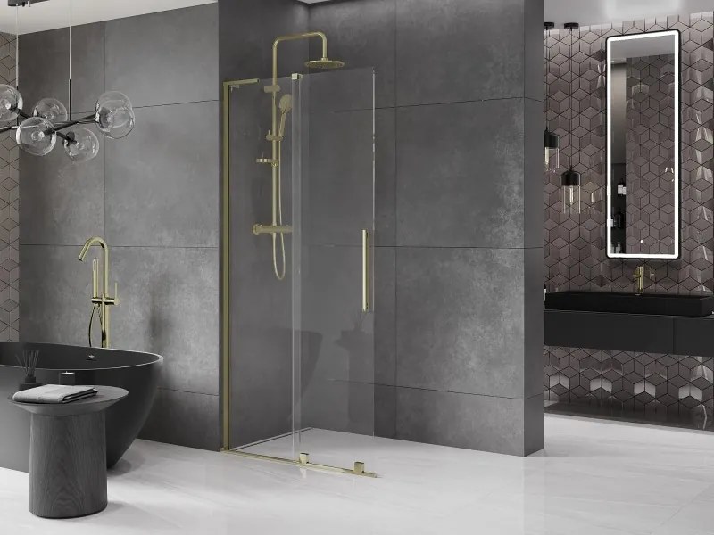 Mexen Velar L, posuvná sprchová zástěna Walk-in 120 x 200 cm, 8mm čiré sklo, zlatá lesklá, 871-120-003-03-50