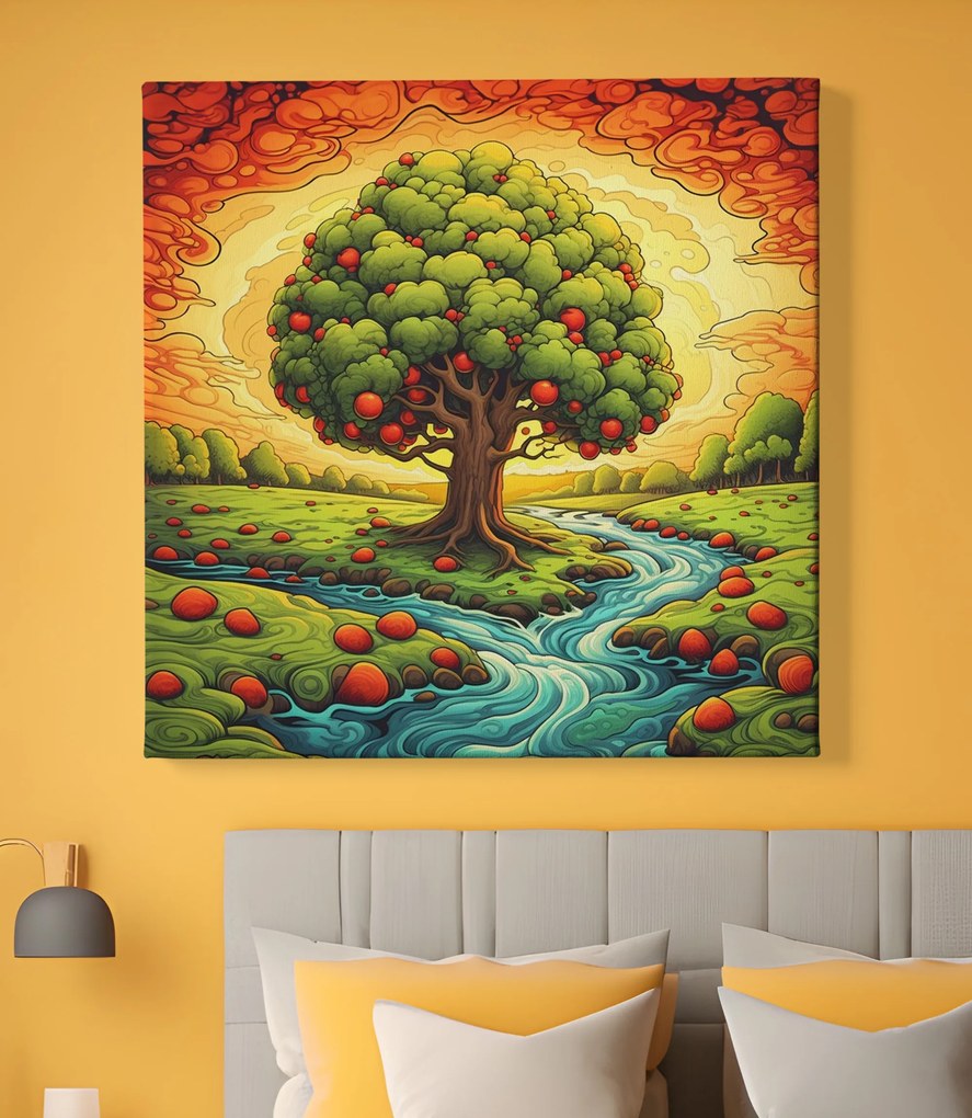 Obraz na plátně - Pohádkový strom života s jablky FeelHappy.cz Velikost obrazu: 80 x 80 cm