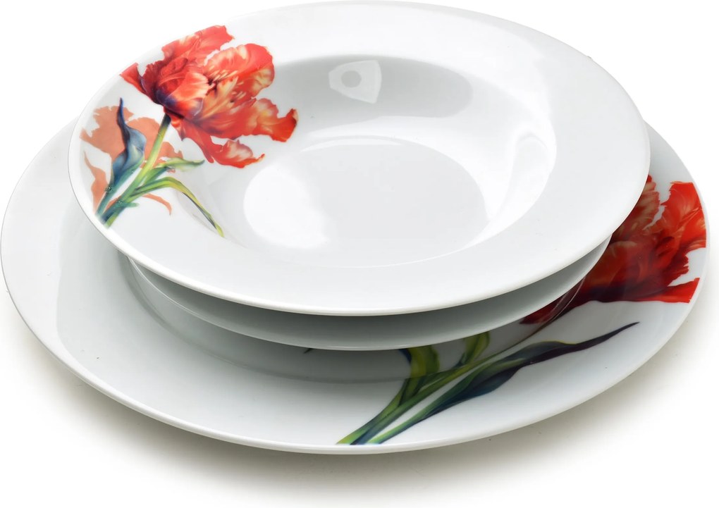 Porcelánová jídelní sada LEA Tulip 18 ks bílá/červená