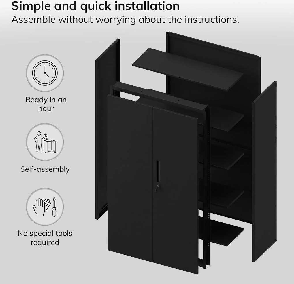 Modulární kovová multifunkční skříň se zásuvkou černá MEGAN 1850 x 900 x 400 mm