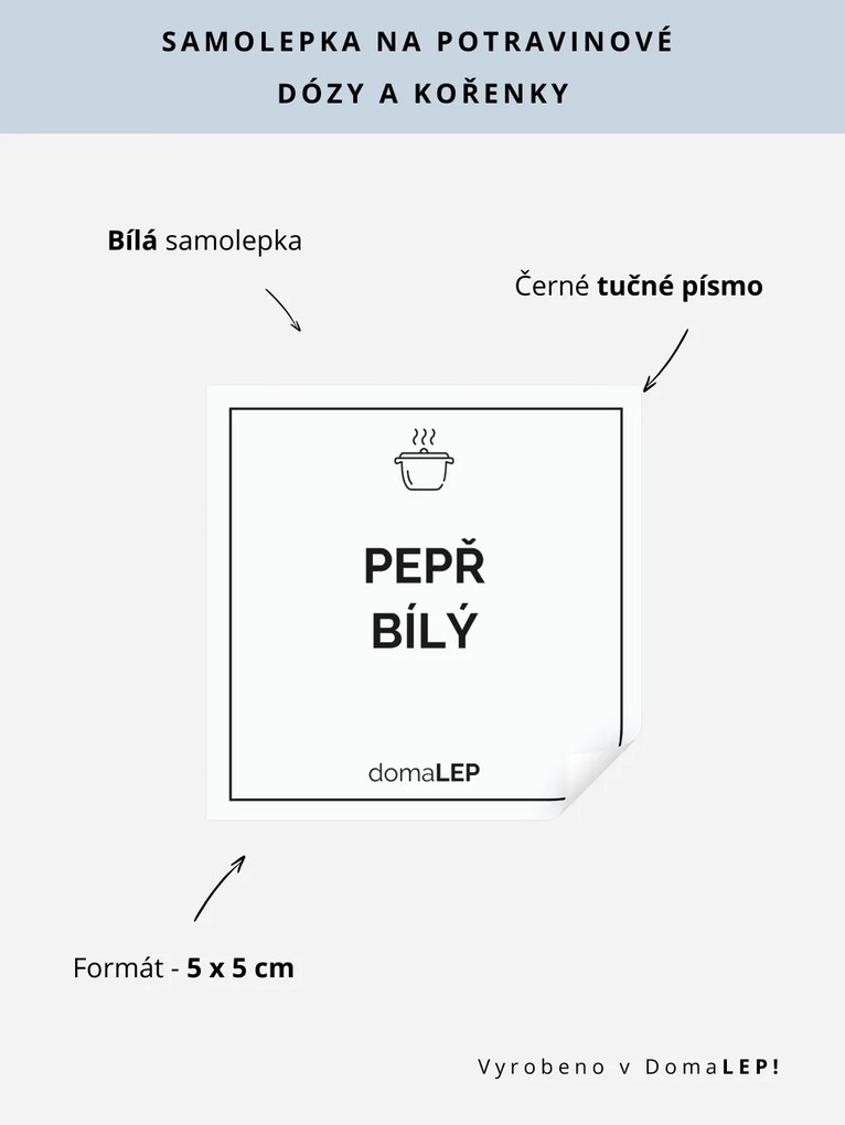 Samolepka na kořenky PEPŘ BÍLÝ bílá 5 × 5 cm tučné písmo