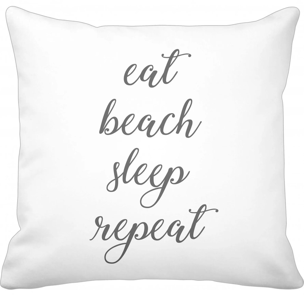 Krasilnikoff Bavlněný povlak na polštář Eat, Beach, Sleep, Repeat, šedá barva, bílá barva, textil