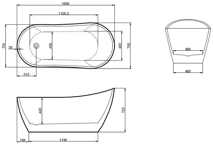 BPS-koupelny Volně stojící akrylátová vana HYD-FOR520B 160x75 bílá, odtokový komplet zlatý kartáčovaný