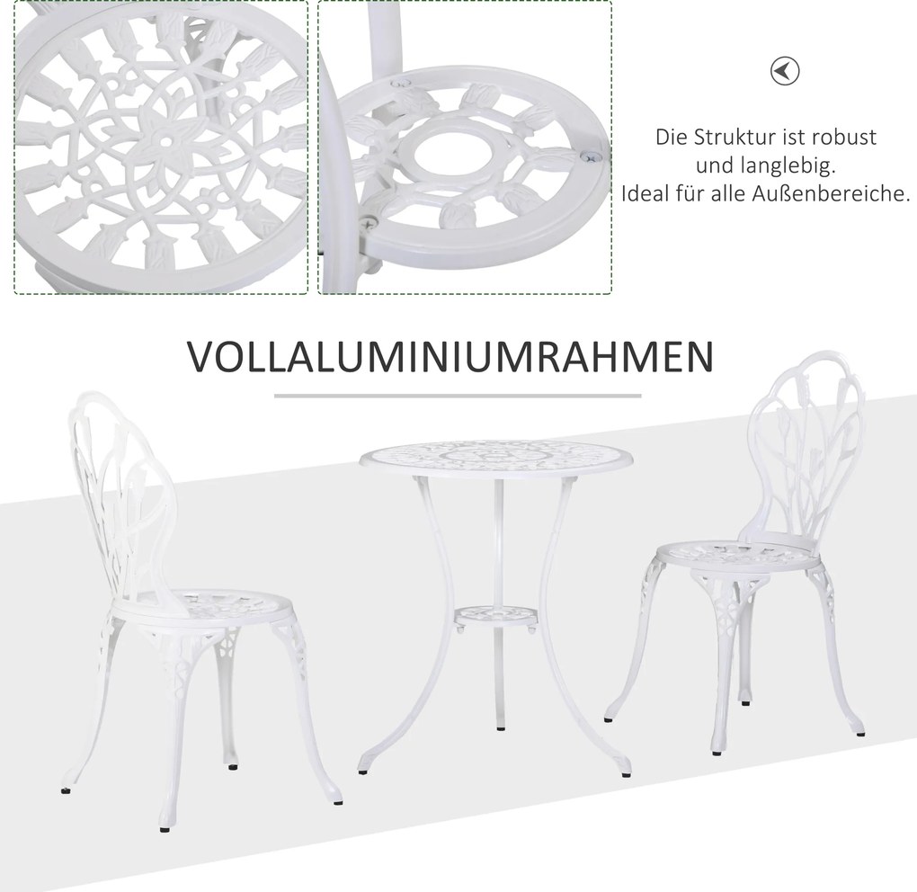 Outsunny 3dílná Bistro souprava z hliníku s vyřezávaným designem – Nábytek na zahradu, zahradní židle, stůl s otvorem pro slunečník, venkovní nábytek…