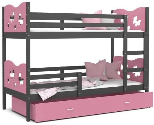 Dětská patrová postel MAX 190x80 cm s šedou konstrukcí v růžové barvě s MOTÝLKY