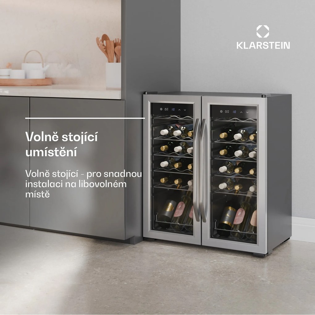Klarstein Vinamour vinotéka, 2 chladící zóny, 7 polic, dotykové ovládání, UV-ochrana