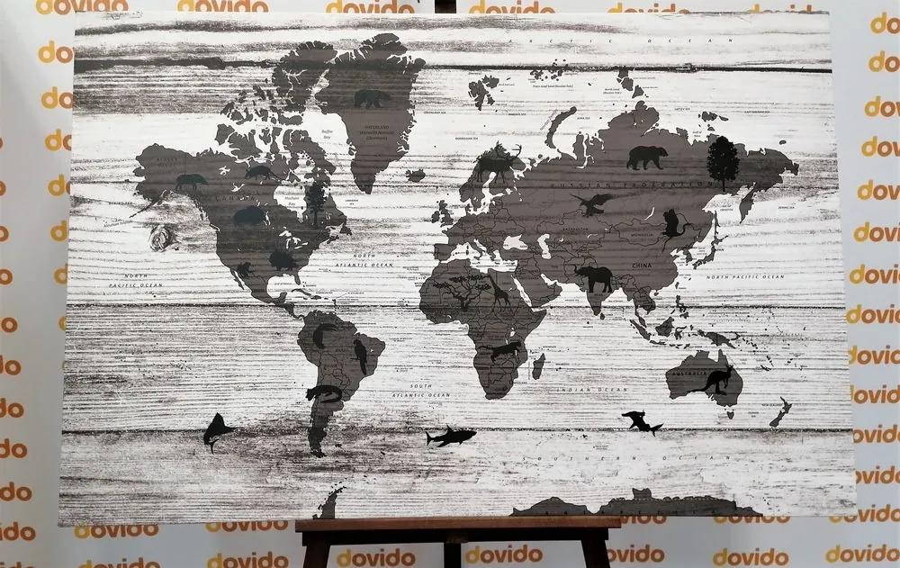 Obraz černobílá mapa na dřevěném podkladu - 90x60 cm