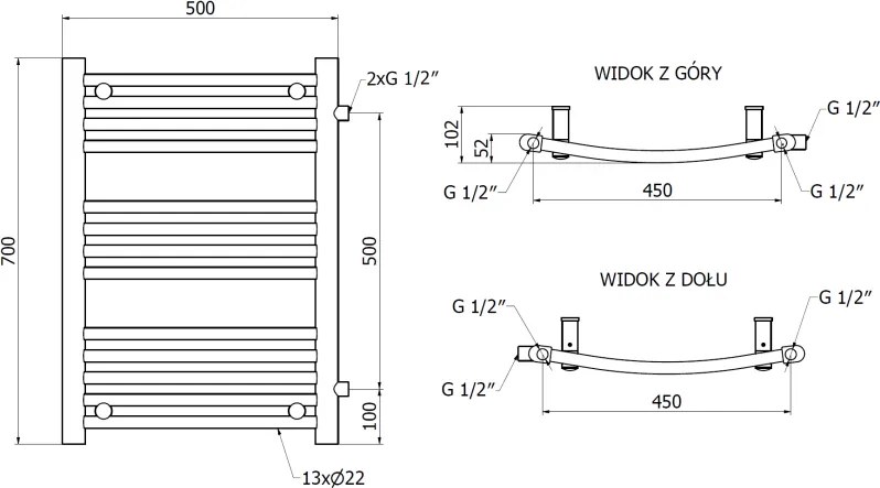 Mexen Ares, topné těleso 700 x 500 mm, 286 W, boční pravé a spodní připojení, bílá, W102-0700-500-00-20-S