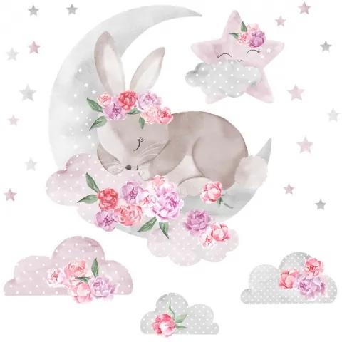 Pastelowe love Samolepka na zeď Spící králíček - Růžový