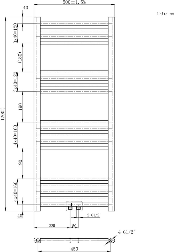 Gamma Simple, topné těleso 500x1200 mm, 487 W, zlatá matná, GMA-SIMP-50120-BGD