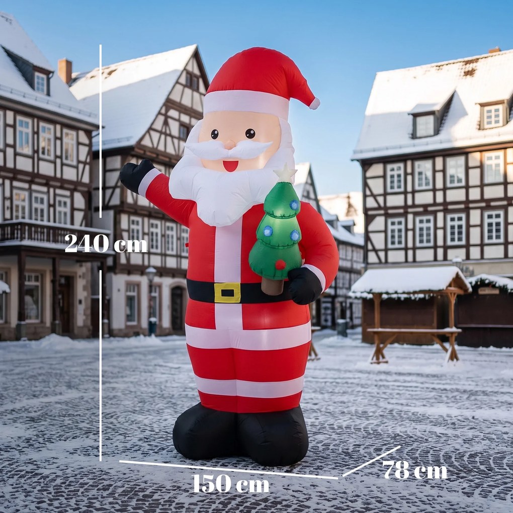 Outsunny Nafukovací Santa Claus, 243 cm, s jasným LED světlem, vánoční dekorace pro vnitřní i venkovní použití, červená
