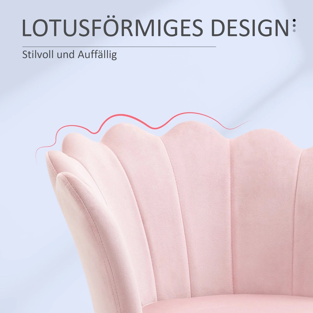 HOMCOM Křeslo do Obývacího Pokoj s Designem ve Tvaru Lotusu, Polstrované Křeslo s Kovovými Nohami, Sametový Vzhled, Jednoduché Křeslo do Ložnice, Růž…