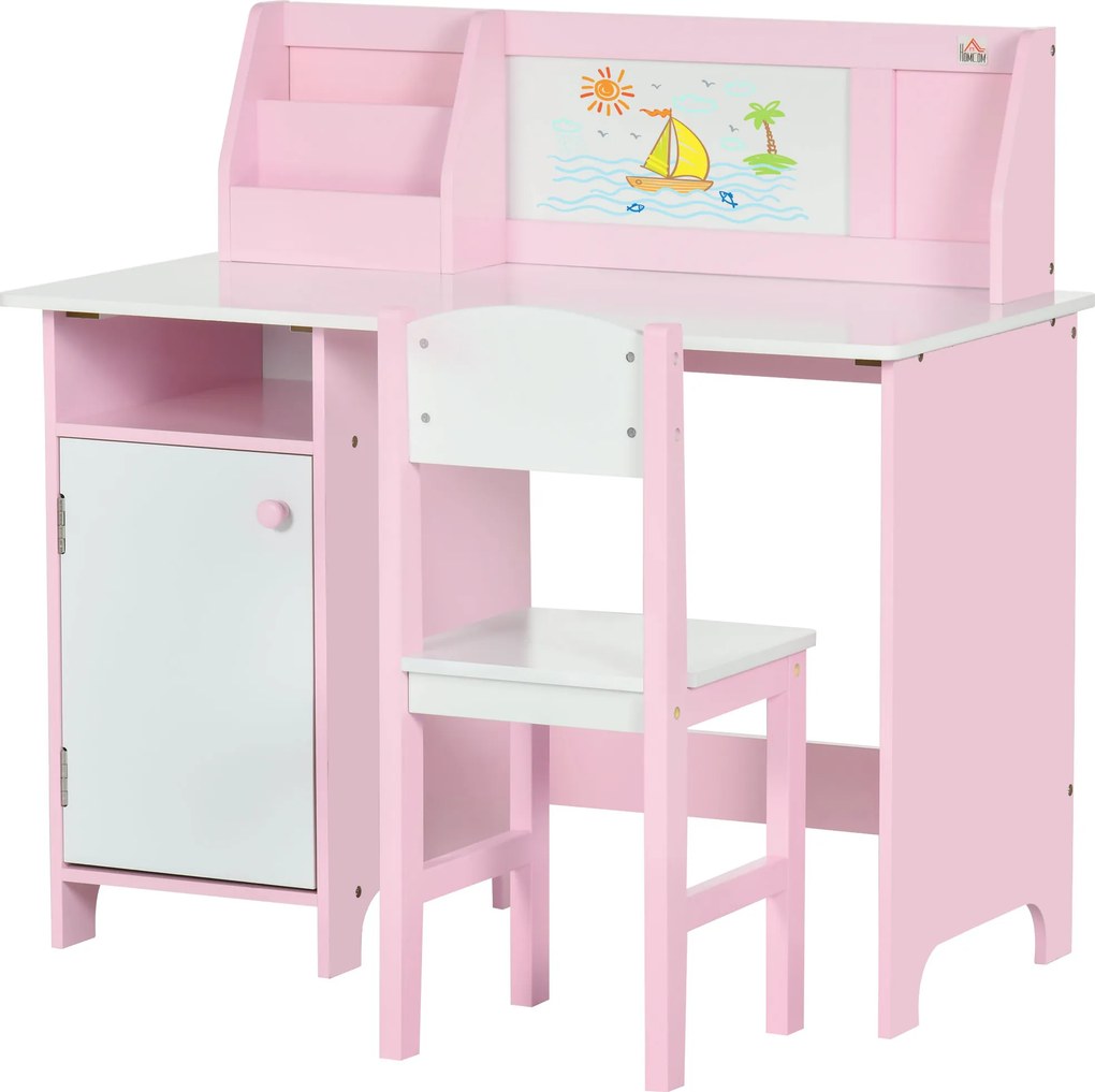 HOMCOM Dětský dřevěný stůl a židle se školní tabulí pro děti od 5 let, psací stůl 90x45x85 cm Růžová