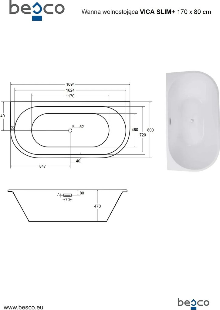 Besco Vica Slim+ asymetrická volně stojící vana 170 x 80 cm s nožičkami sifon bílá barva bílá VANVIC170SLIMW+OLVPINOZ