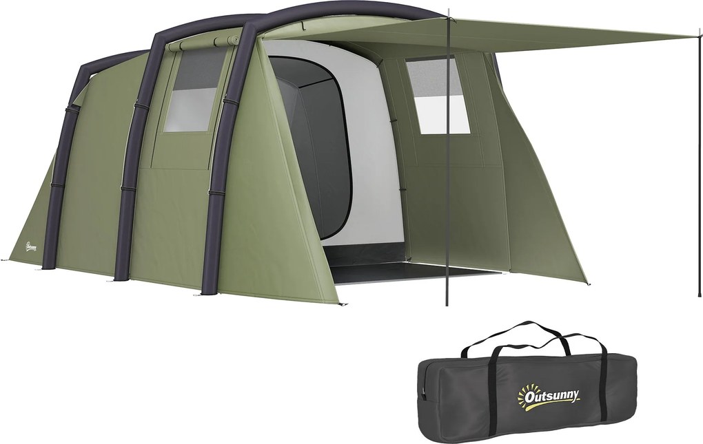 Outsunny nafukovací rodinný tunelový stan pro 3–6 osob — glamping stan s předsíňkou, síťovými okny, přepravní taškou, ochrana UPF50+, voděodolný, oliv