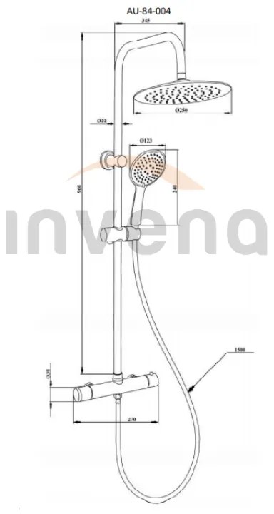 Invena Trend, termostatická sprchová baterie Trend s hlavovou dešťovou sprchou Musta 25cm, černá matná, INV-AU-84-004-X
