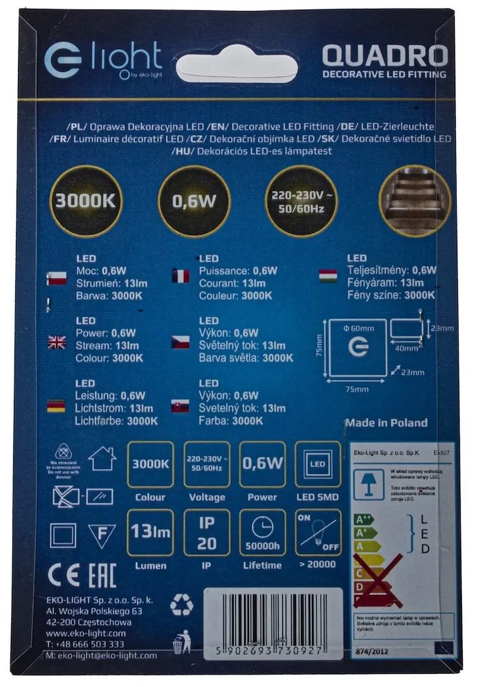 Schodišťové LED svítidlo Quadro, 1x LED 0,6w, 3000k, s